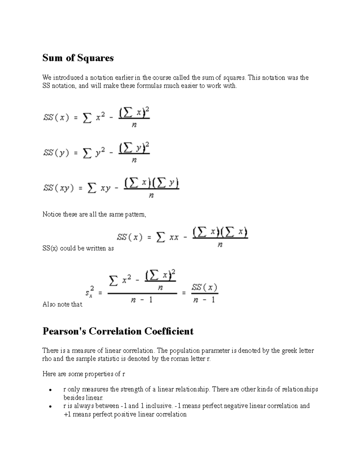 Stats 11 Correlation Class Notes Sum Of Squares We Introduced A Notation Earlier In The