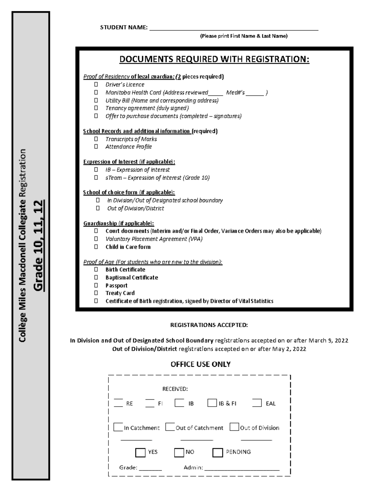 2022 - 2023 Grade 10, 11, 12 Registration Package - STUDENT NAME: - Studocu