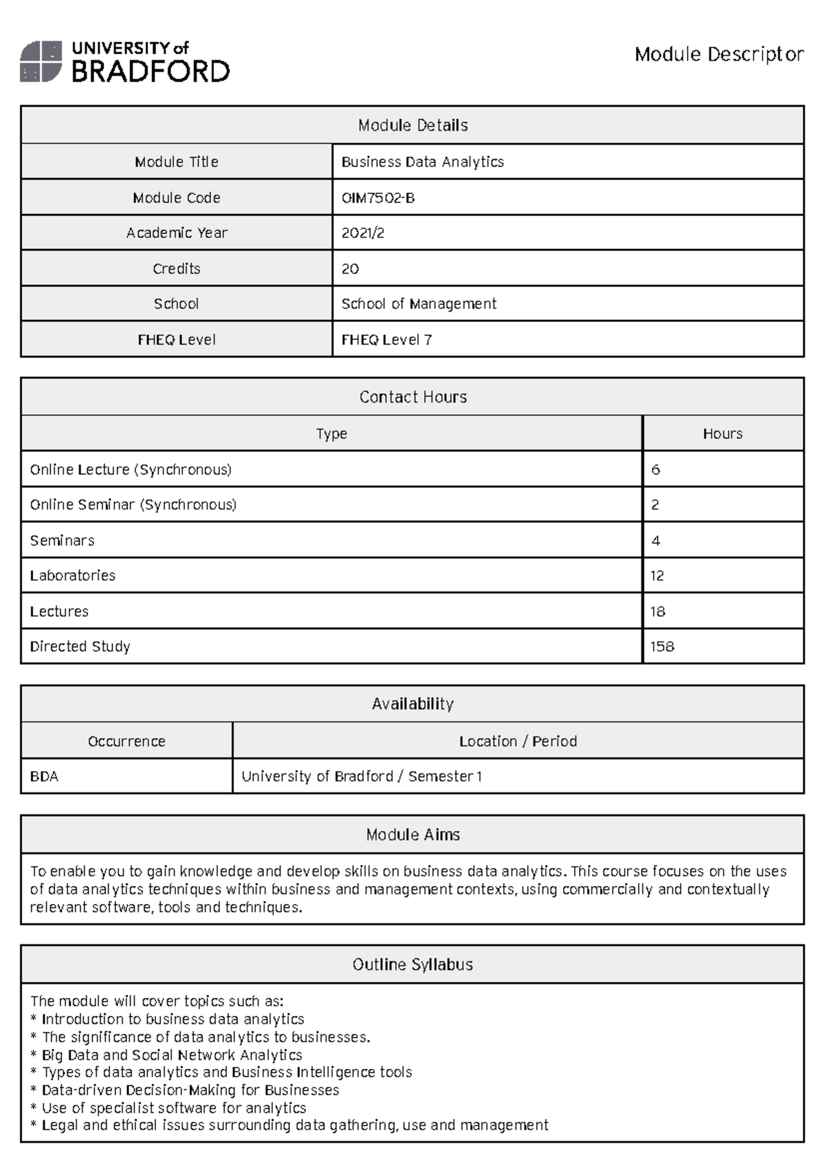 OIM7502-B 2021 2 - practice materials - Module Descriptor Module ...