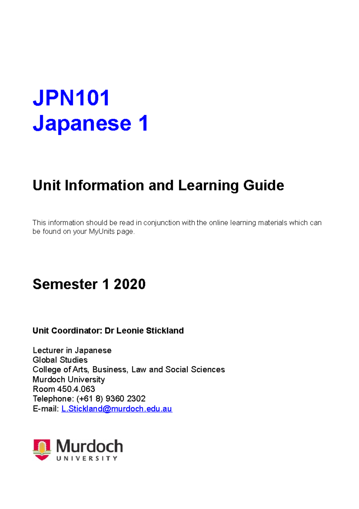 JPN101 Japanese 1 Unit Information 2020 - JPN Japanese 1 Unit ...