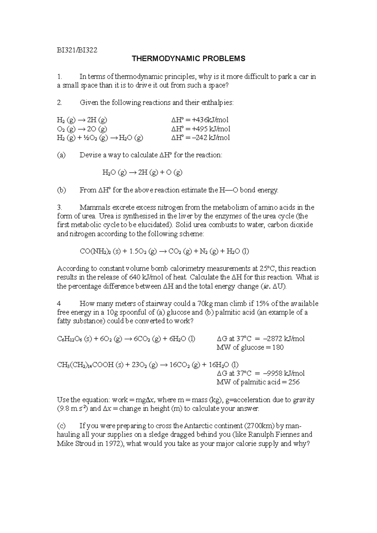 Thermodynamic problems 16 - BI321/BI THERMODYNAMIC PROBLEMS In terms of thermodynamic principles ...