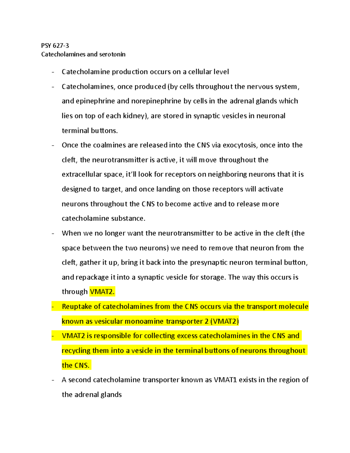PSY 627-3 - Dr. Wilson - PSY 627- Catecholamines and serotonin ...