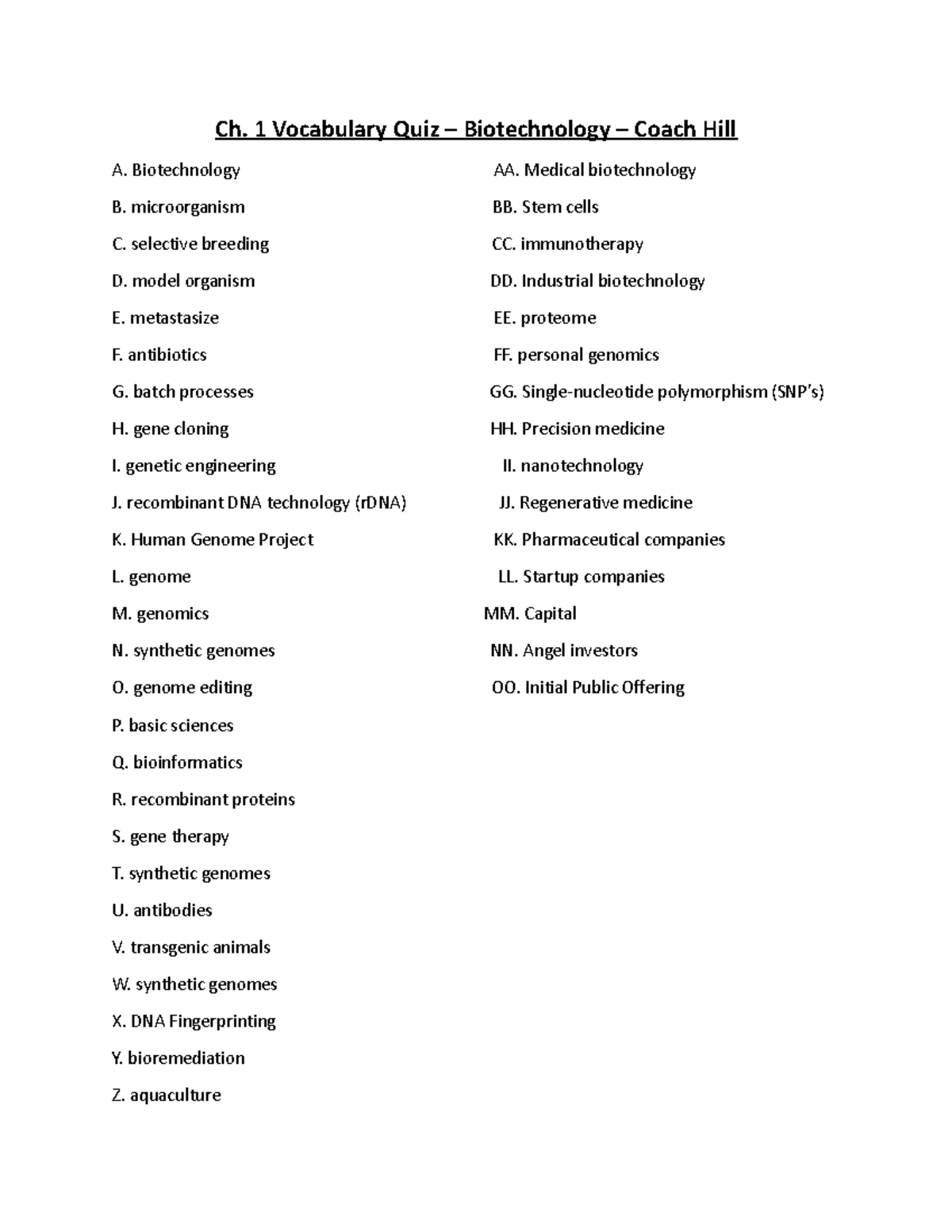 Ch. 1 Vocabulary Quiz - Biotechnology - Ch. 1 Vocabulary Quiz ...