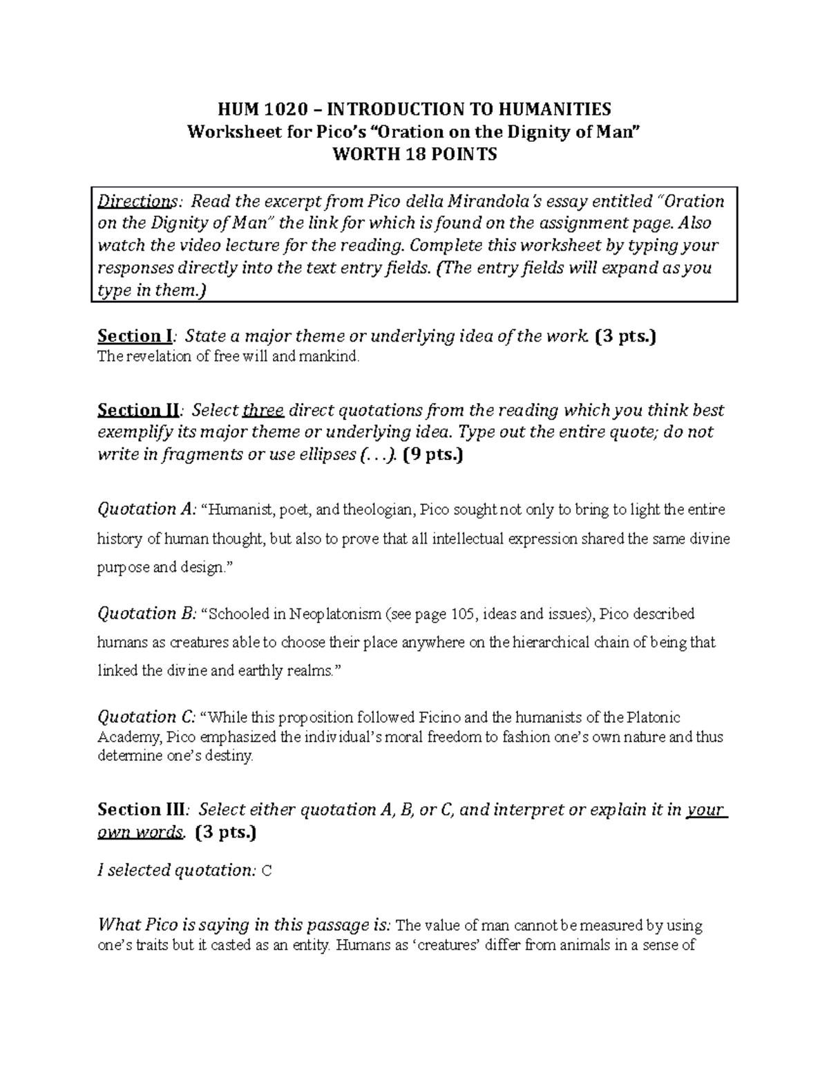 Pico Worksheet - HUM 1020 – INTRODUCTION TO HUMANITIES Worksheet for ...