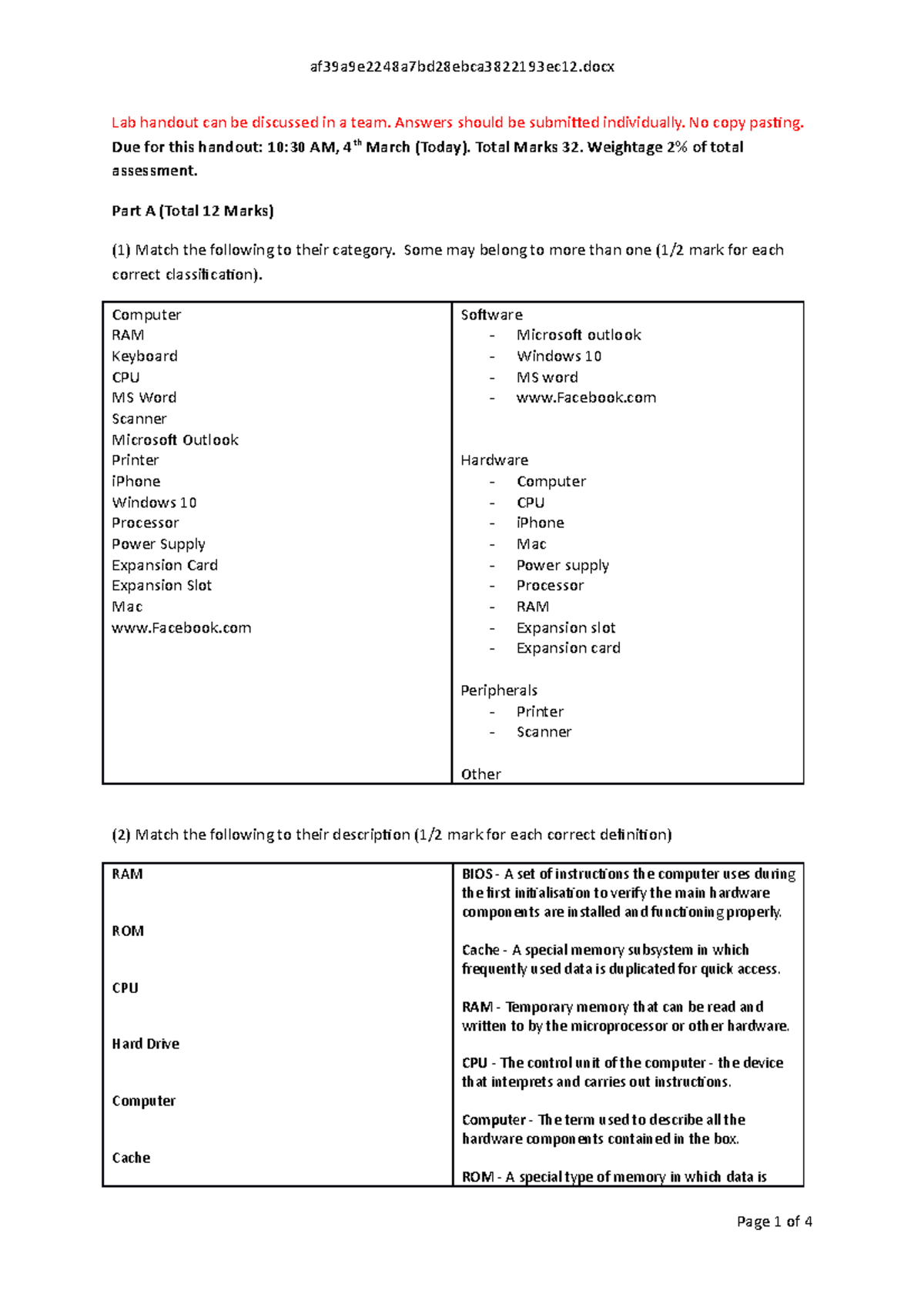 Week2 Lab Hand Out-1 - Answers to lab 2 - Lab handout can be discussed ...