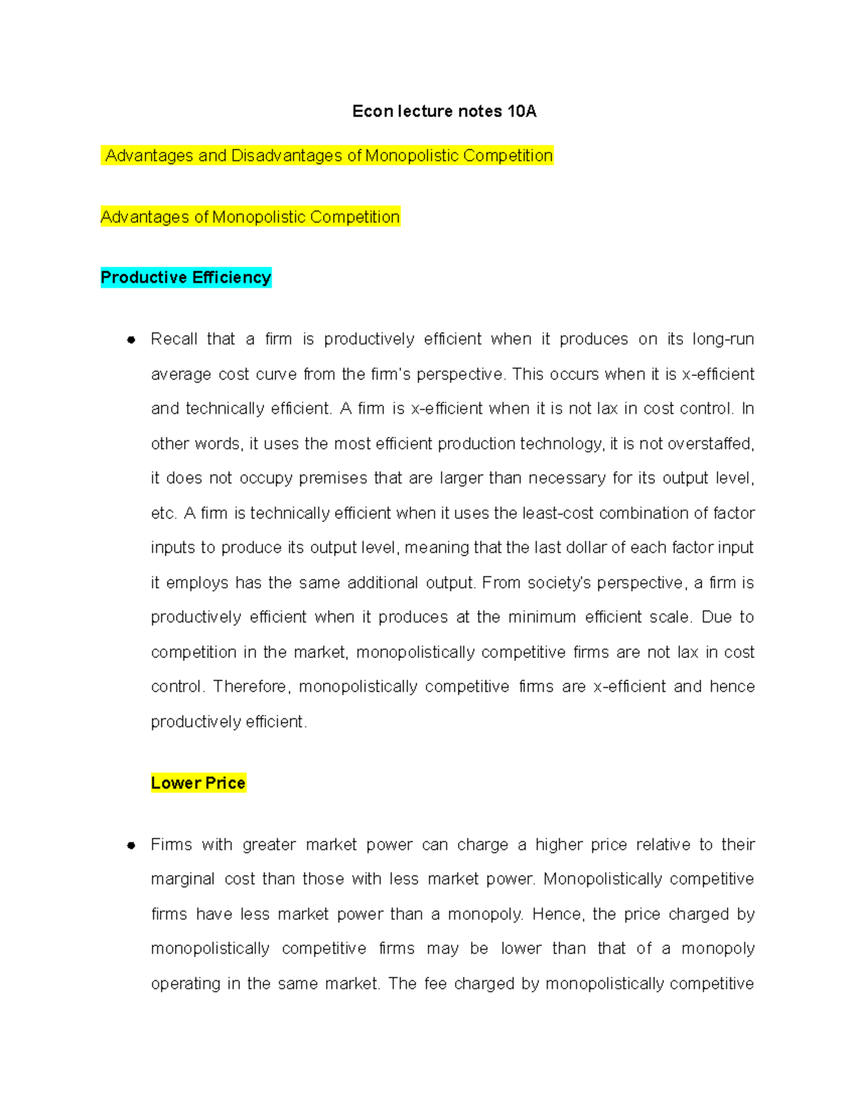 Econ Lecture Notes 10a Econ Lecture Notes 10a Advantages And Disadvantages Of Monopolistic