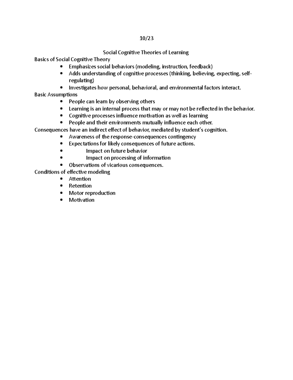 10:23 - Lecture notes 1 - 10/23 Social Cognitive Theories of Learning ...