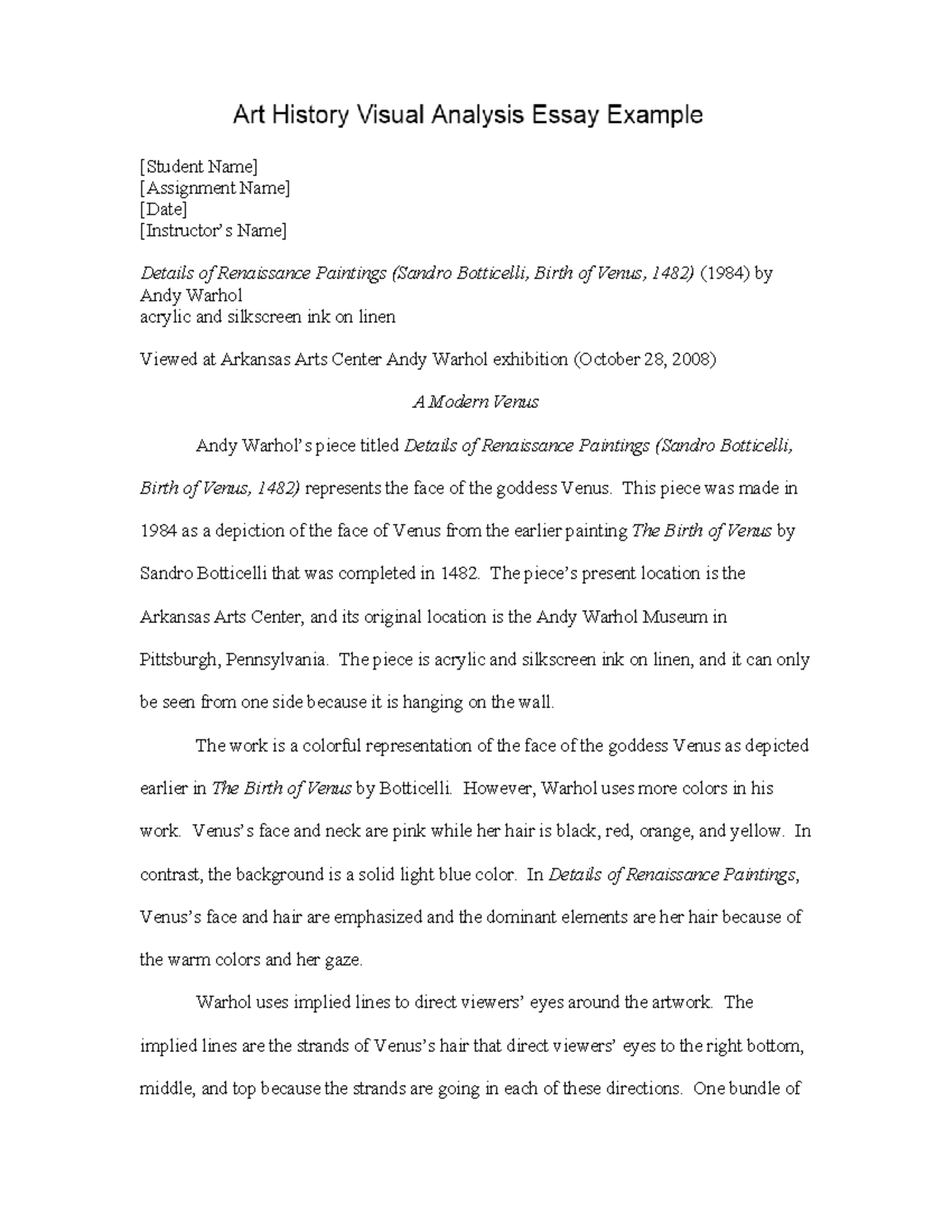 Art History Visual Analysis Essay Example Sample Paper Student
