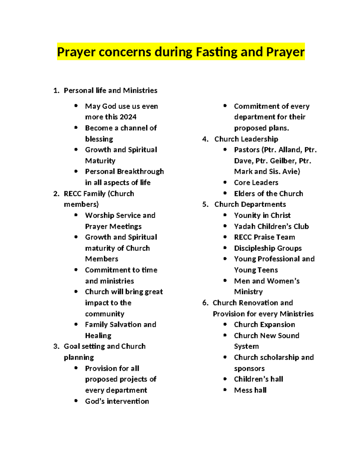 Prayer concerns during Fasting and Prayer - Personal life and ...