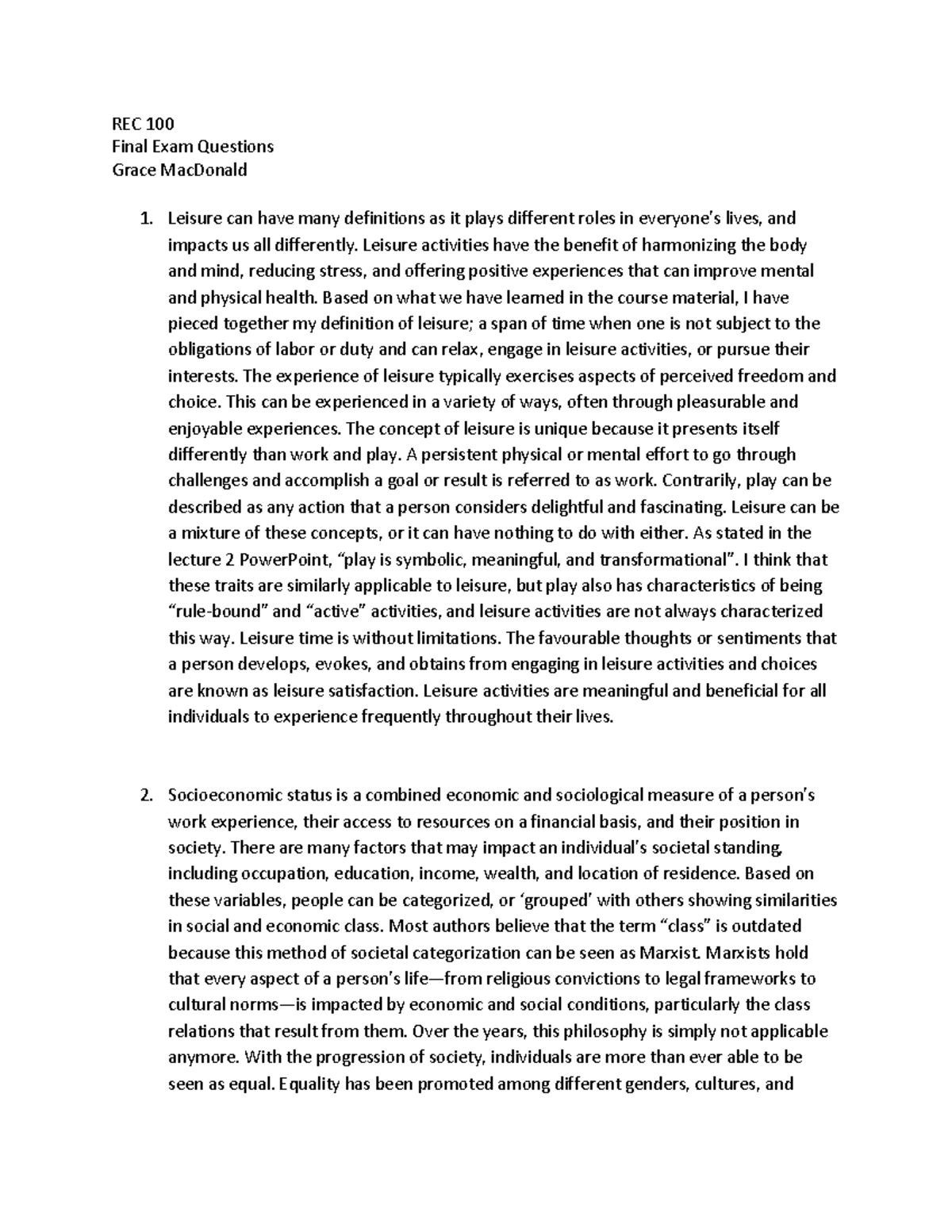 REC 100 Exam Qs - rec 100 exam notes - REC 100 Final Exam Questions ...