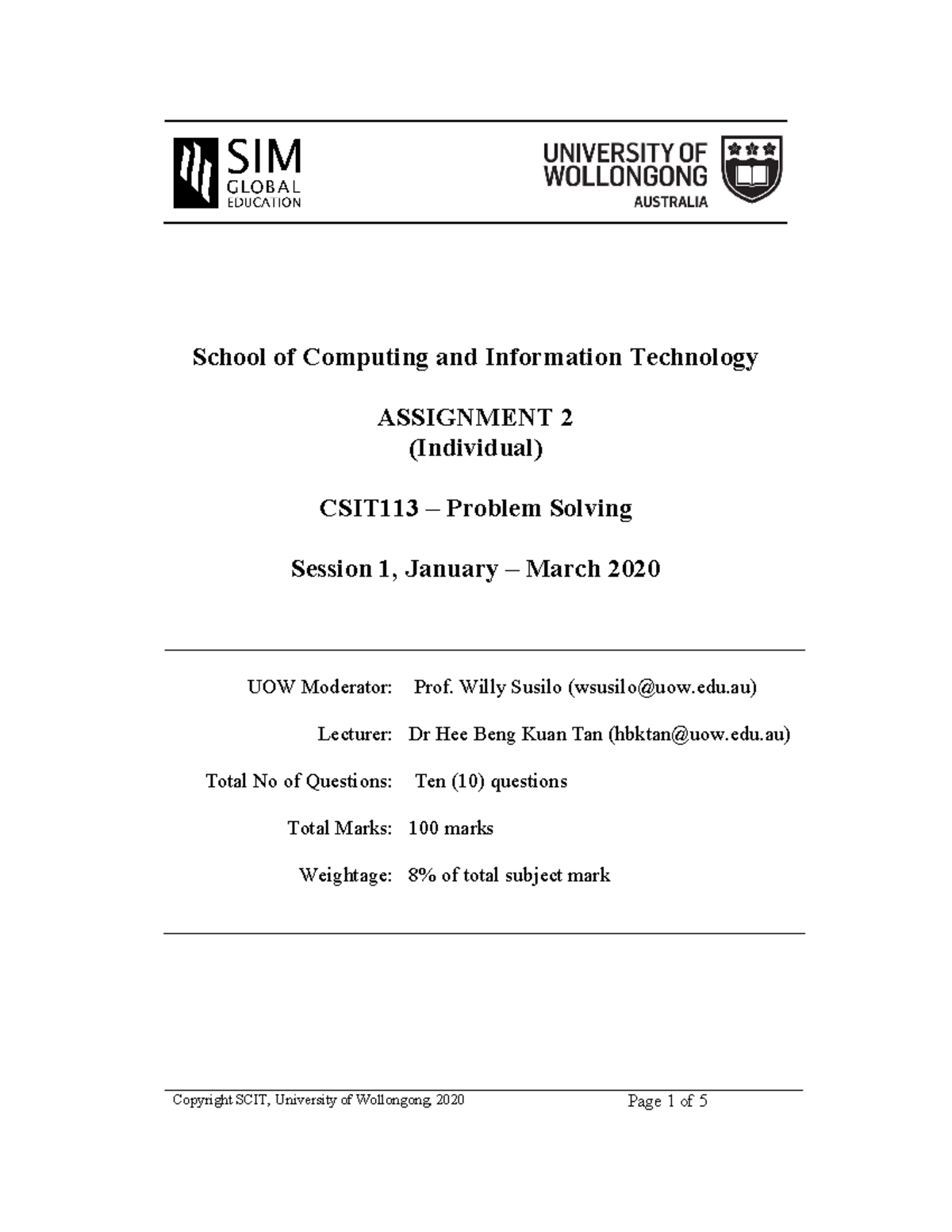 CSIT113-2020S1-A2 Question Reference - CSIT113 - UOW - Studocu