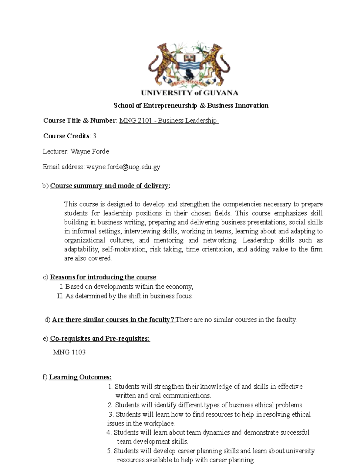 MNG 2101 Business Leadership Course Outline - School of ...