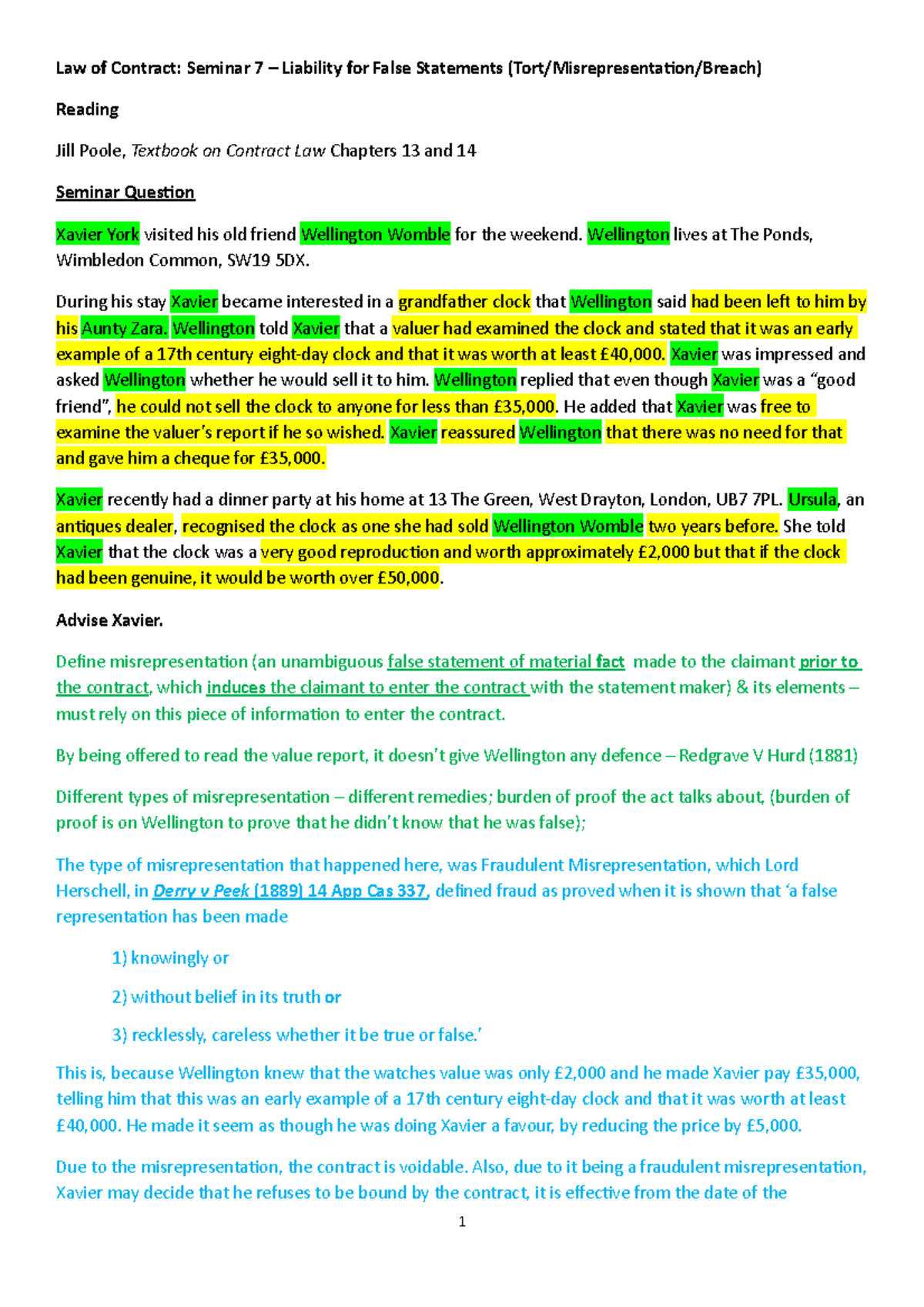 Seminar 7 - Contract Law - Liability for False Statements (Tort ...