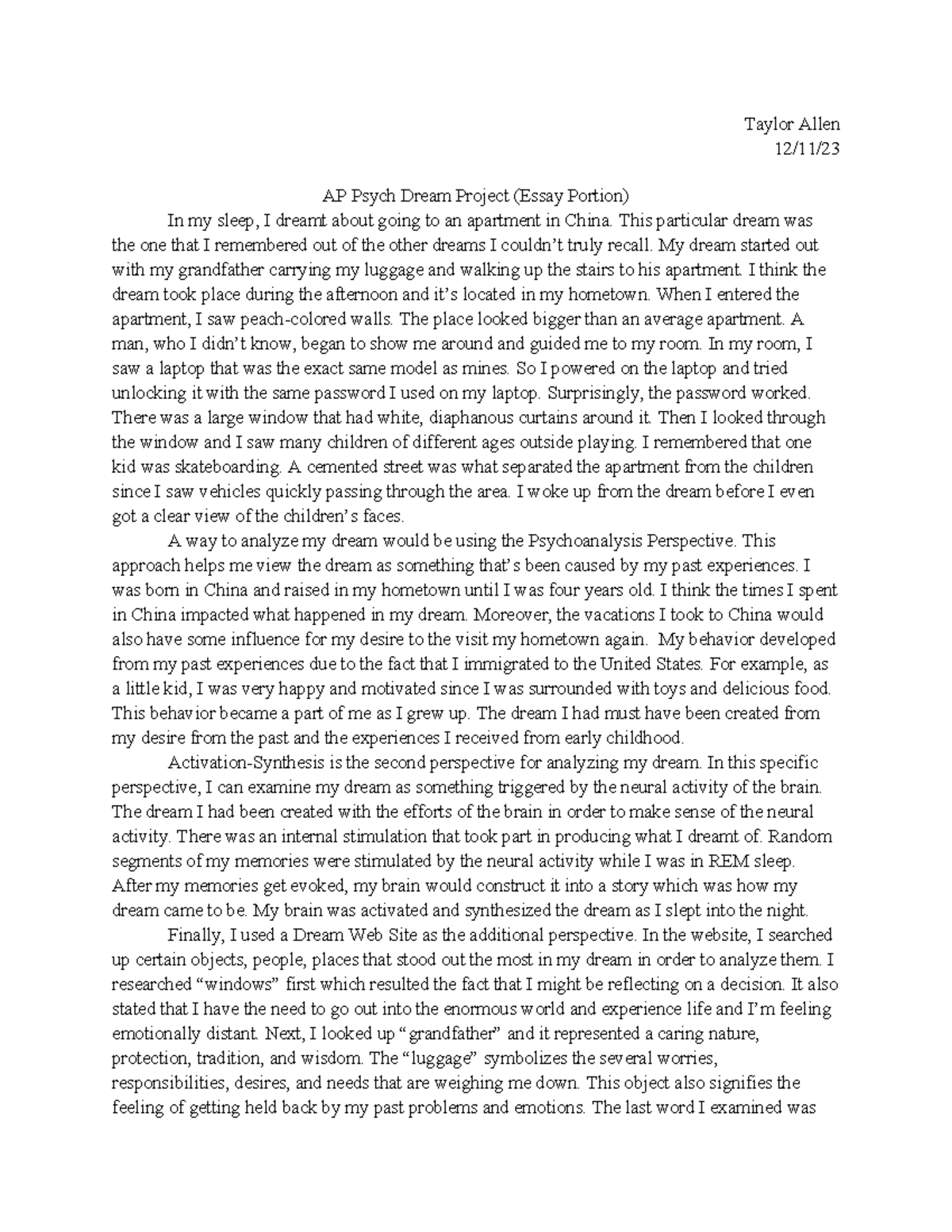Copy of Dream Project Essay - Taylor Allen 12/11/ AP Psych Dream ...