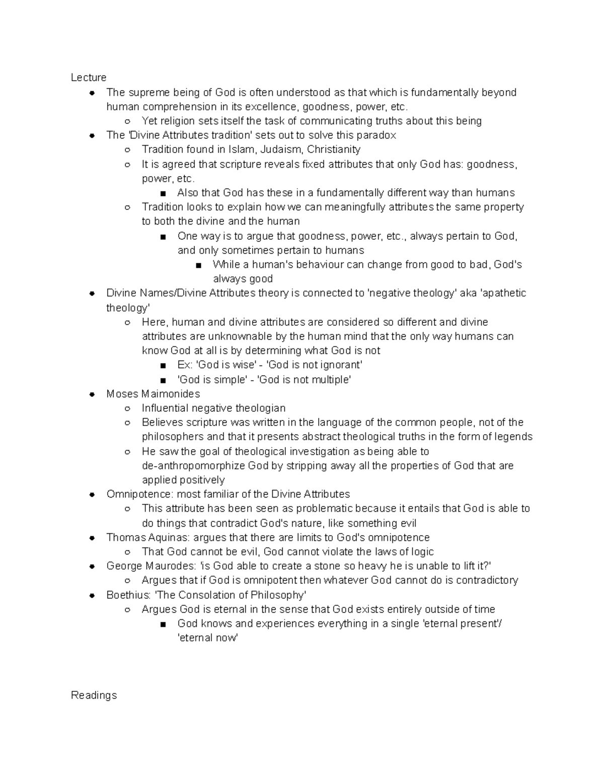PHIL 266 Unit 4 - The Divine Attributes materials - Lecture The supreme ...