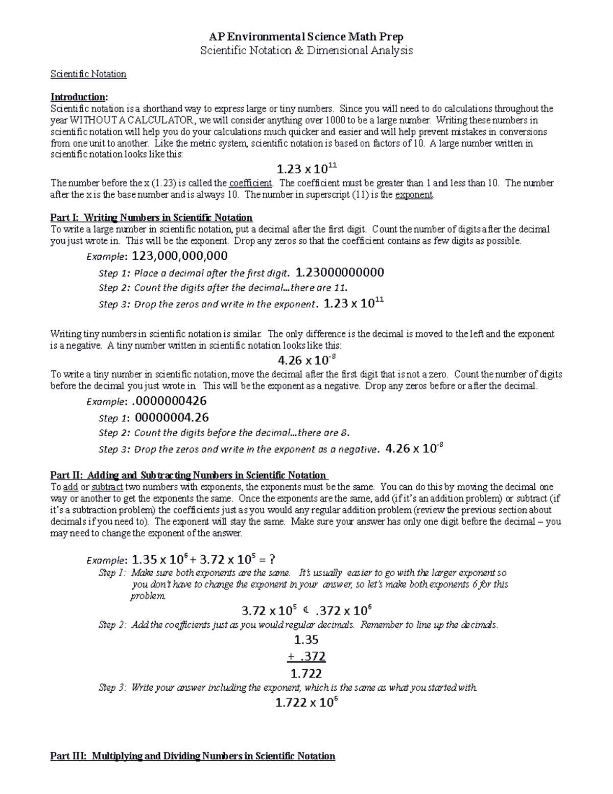 Apes math prep - AP Environmental Science Math Prep Scientific Notation ...