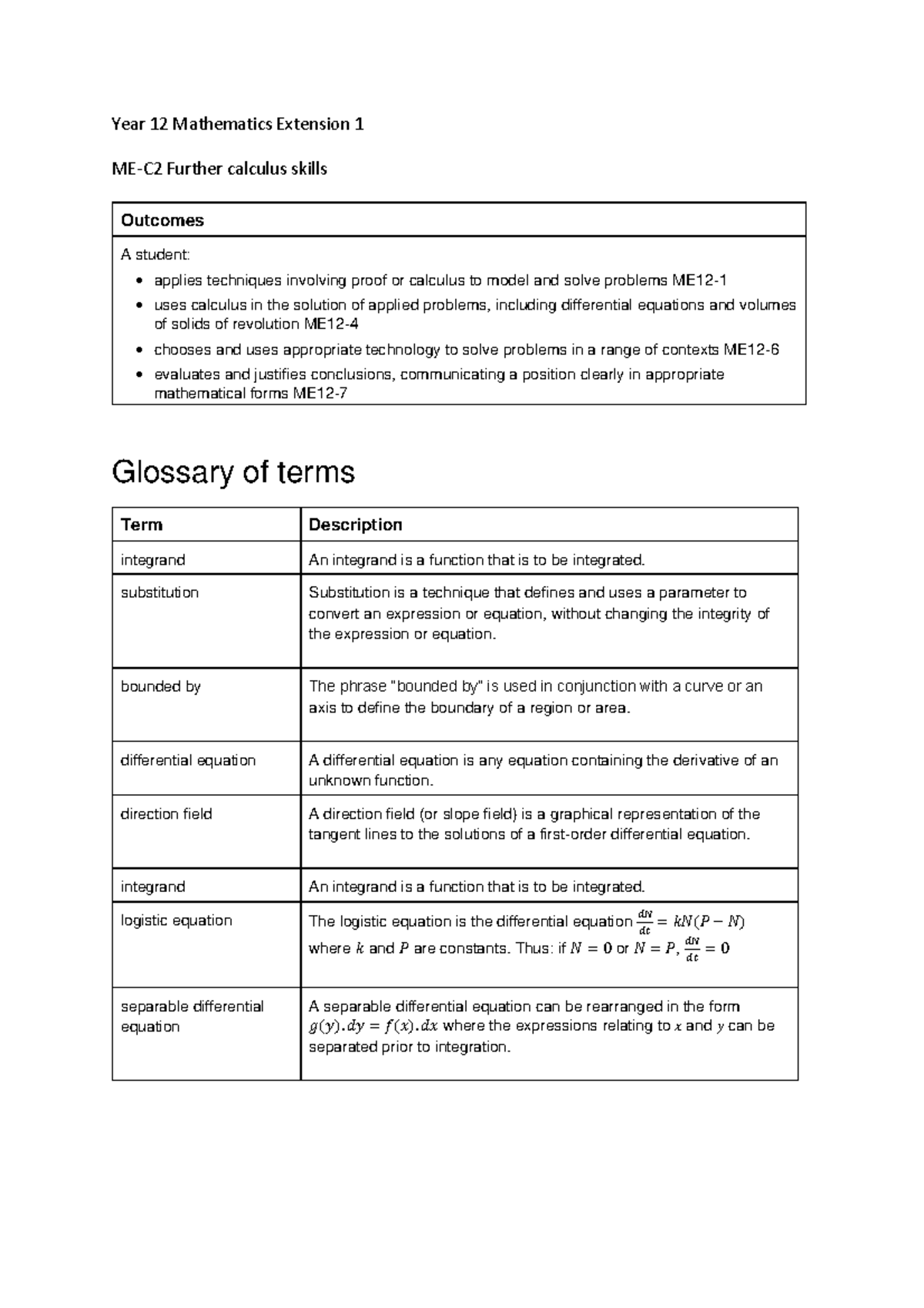 Year 12 Mathematics extension 1 notes summary - Year 12 Mathematics ...