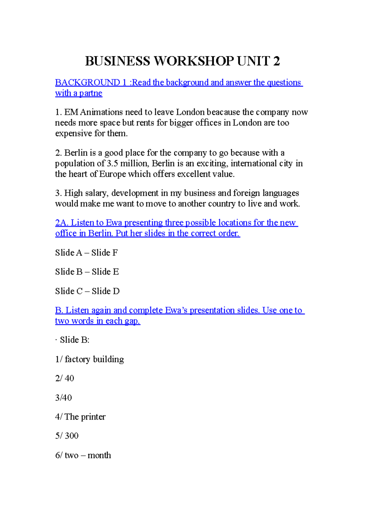 Workshop 2 - kinh te vi mo - BUSINESS WORKSHOP UNIT 2 BACKGROUND 1 :Read the background and ...