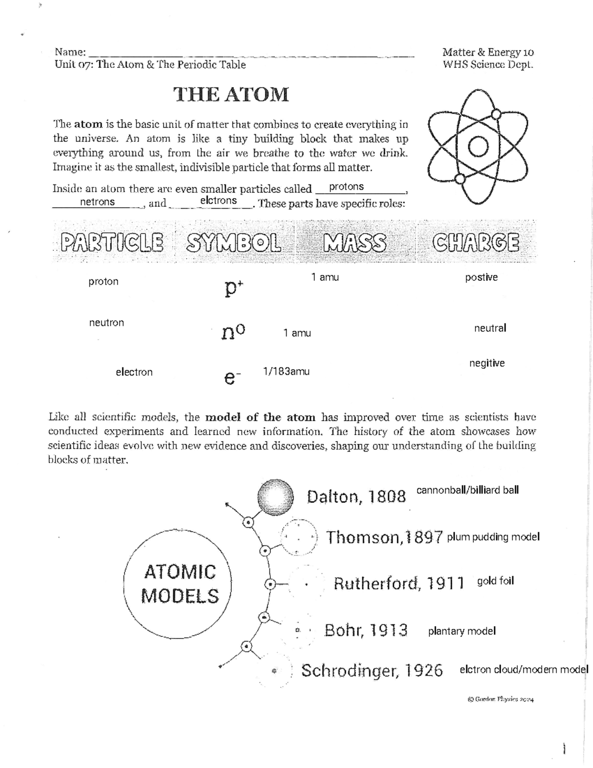 Sam Evans - unit seven worksheets - Name: Unit 07: The Atom & The ...