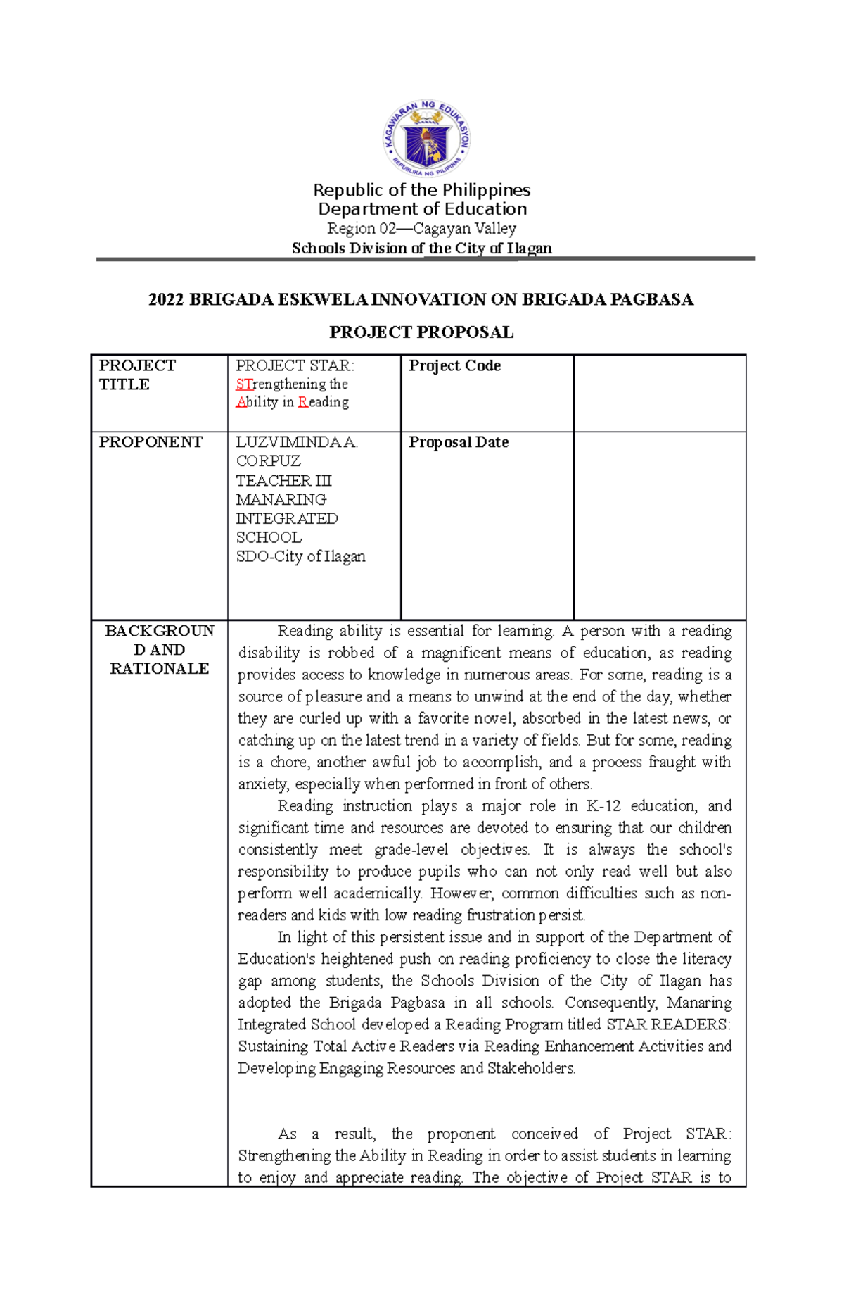 Project-STAR-2022 - Project Proposal Template - Republic of the ...