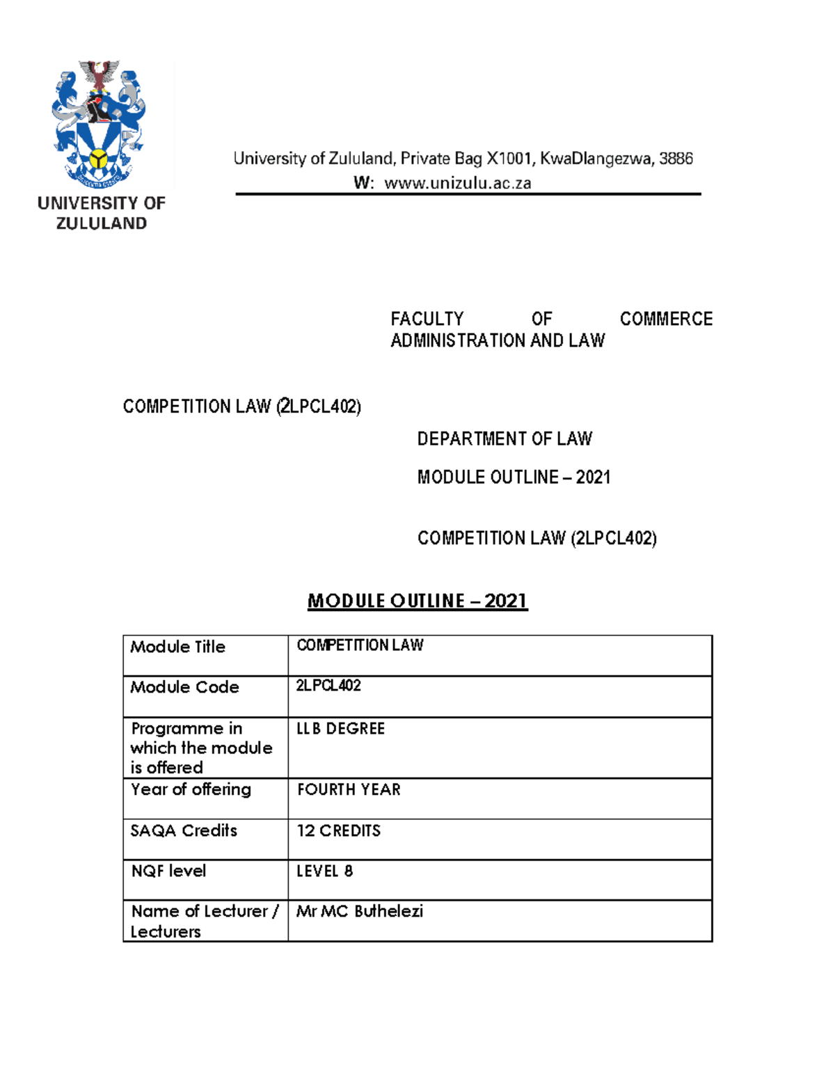Module outline, Competition Law, 2021 - FACULTY OF COMMERCE ...
