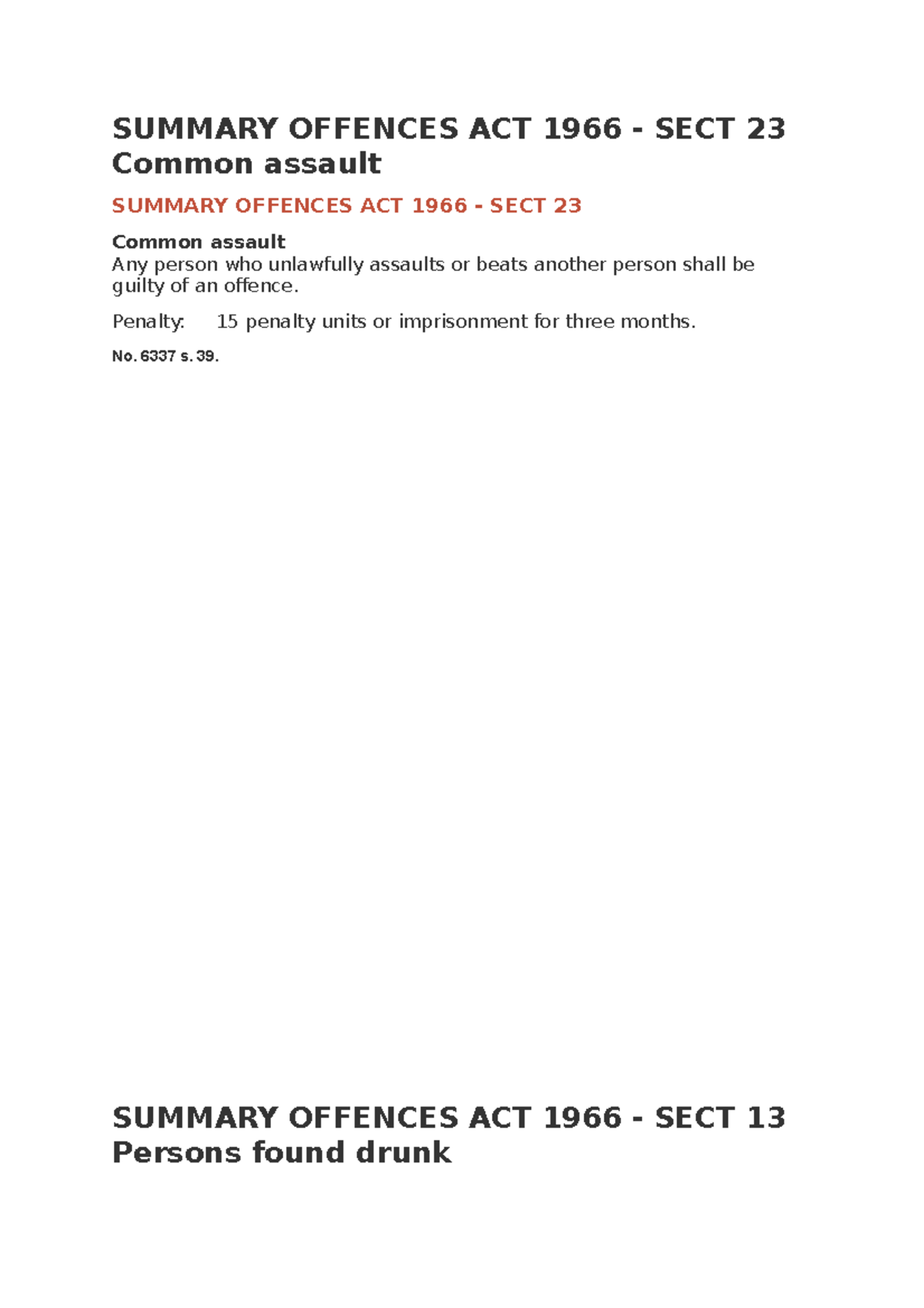 Acts for Assignment - SUMMARY OFFENCES ACT 1966 - SECT 23 Common ...