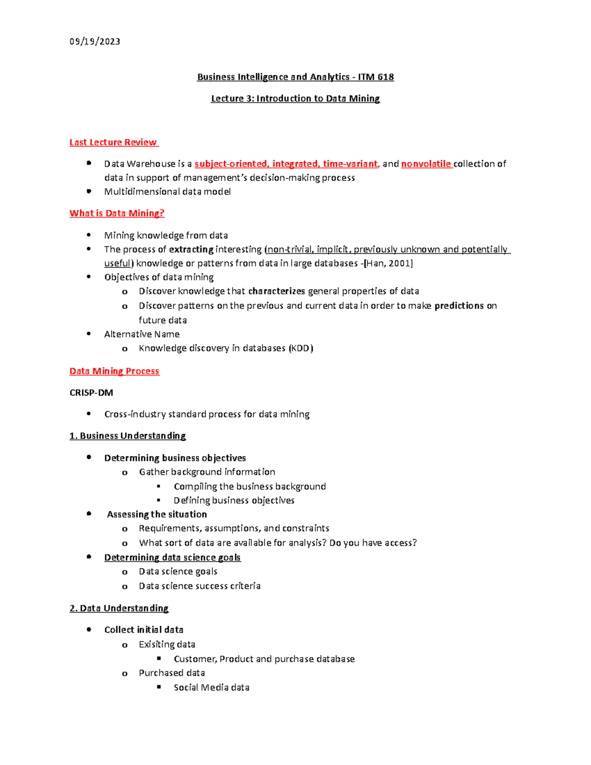 ITM618 Lecture 3 Introduction to Data Mining Sept 19 - Business Intelligence and Analytics - ITM ...