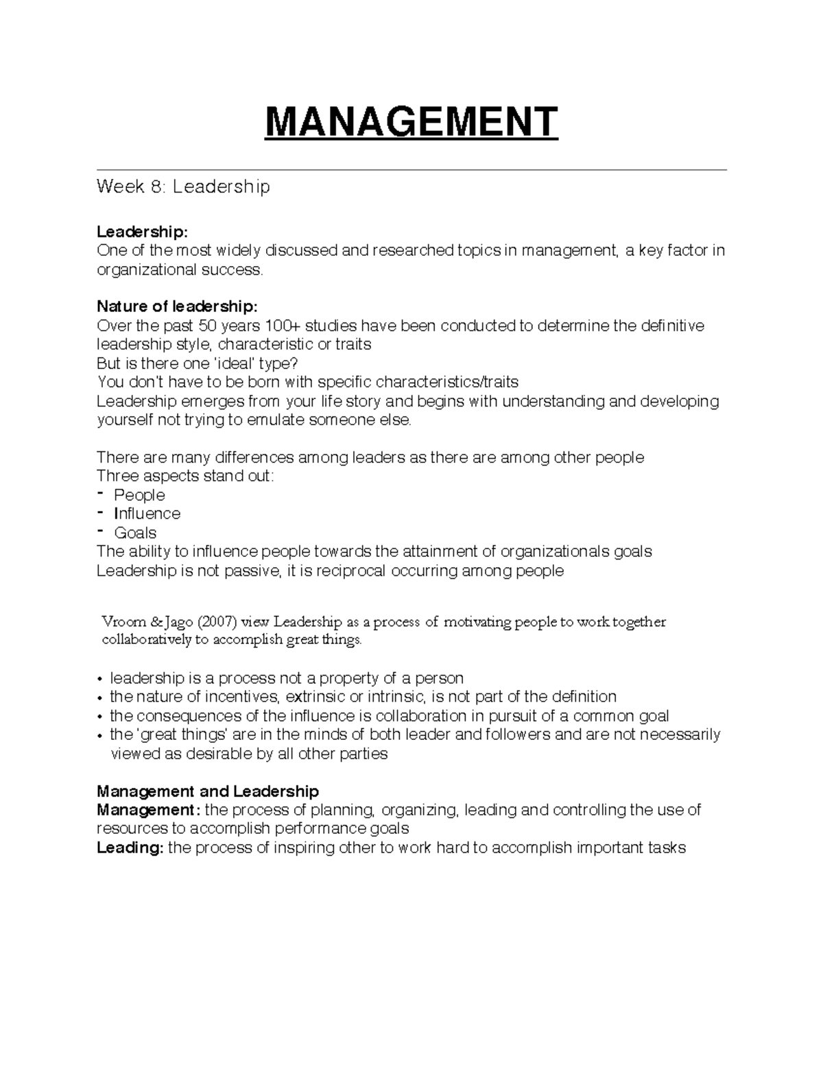 Management ppt notes week 8 PDF - MANAGEMENT Week 8: Leadership ...