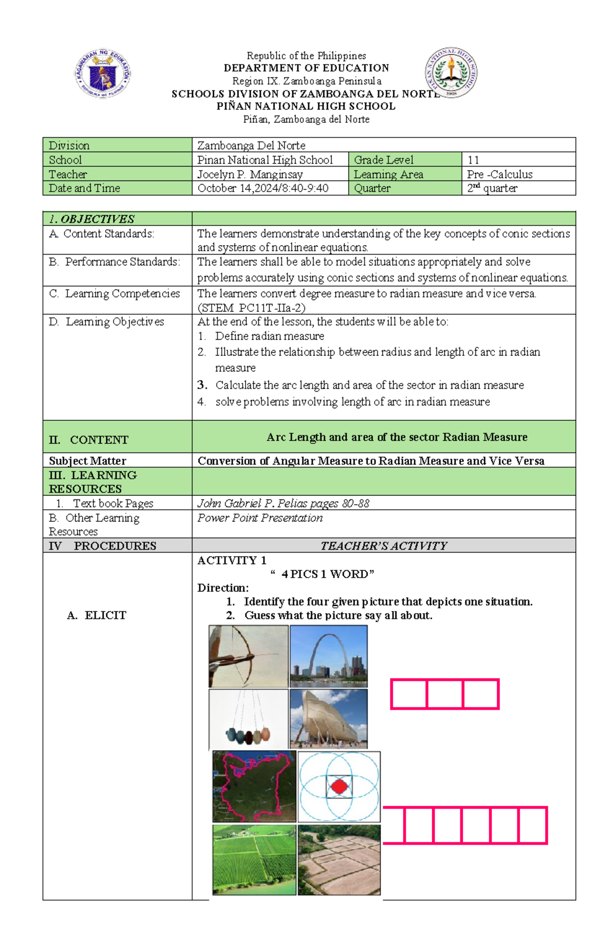 Week 2 Day 1 - Lesson plan - Republic of the Philippines DEPARTMENT OF ...