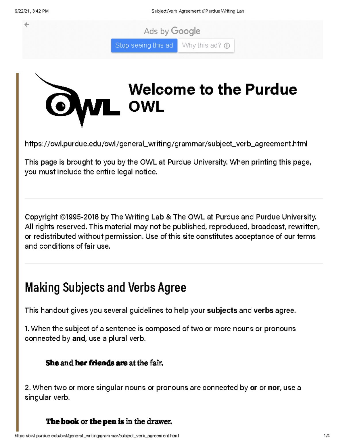 Subject Verb Agreement Purdue Writing Lab - English Composition 1 - UMak - Studocu