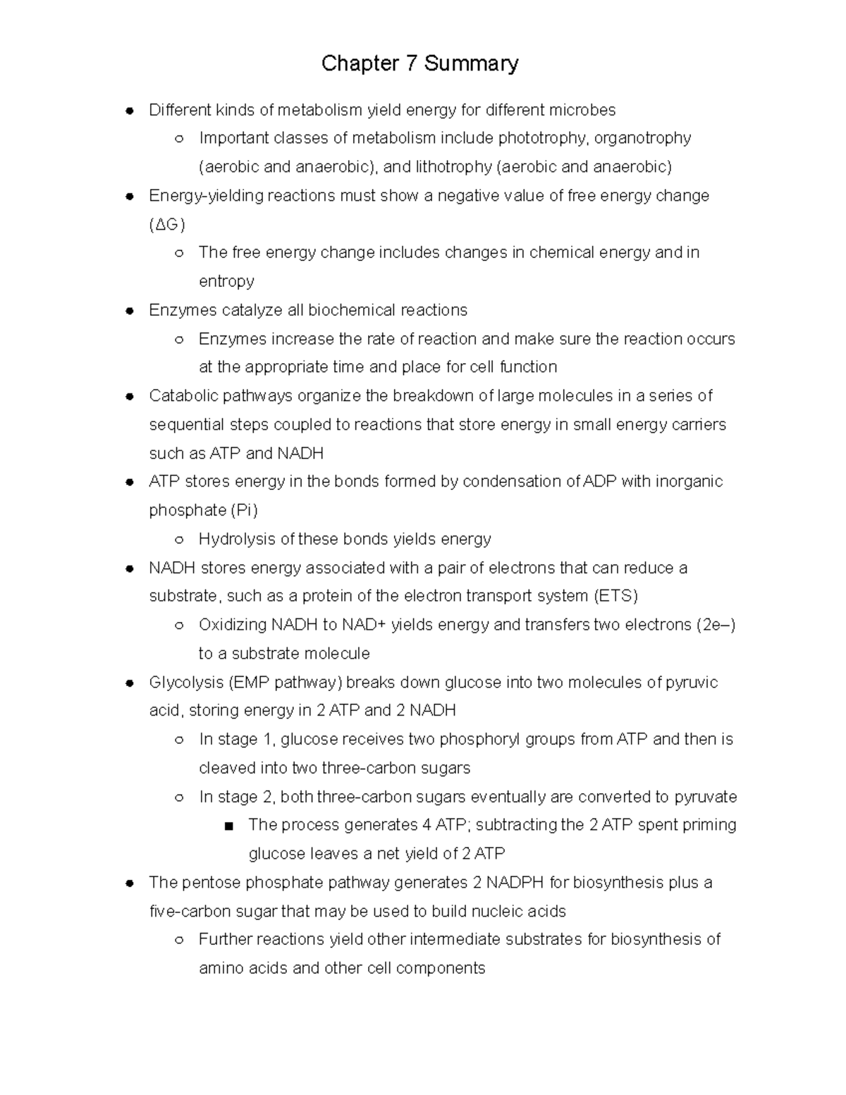 Chapter 7 Summary - Chapter 7 Summary Different kinds of metabolism yield energy for different ...