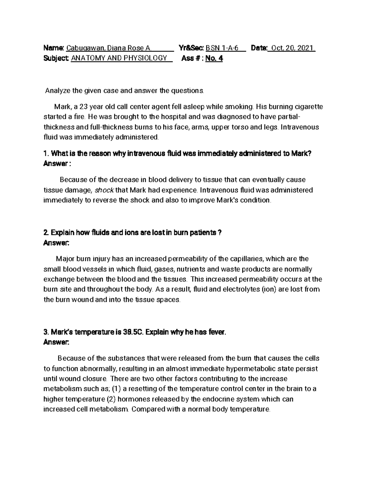 Integumentary System Assignment No. 4 - Name:Cabugawan,DianaRoseA. Yr ...