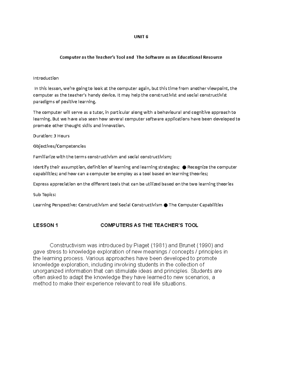 UNIT-6 - nOTES - UNIT 6 Computer as the Teacher’s Tool and The Software ...