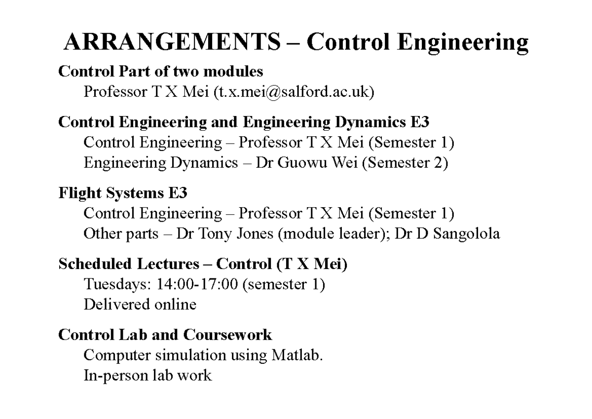 Controls E3 Introduction, university of salford - ARRANGEMENTS Control ...