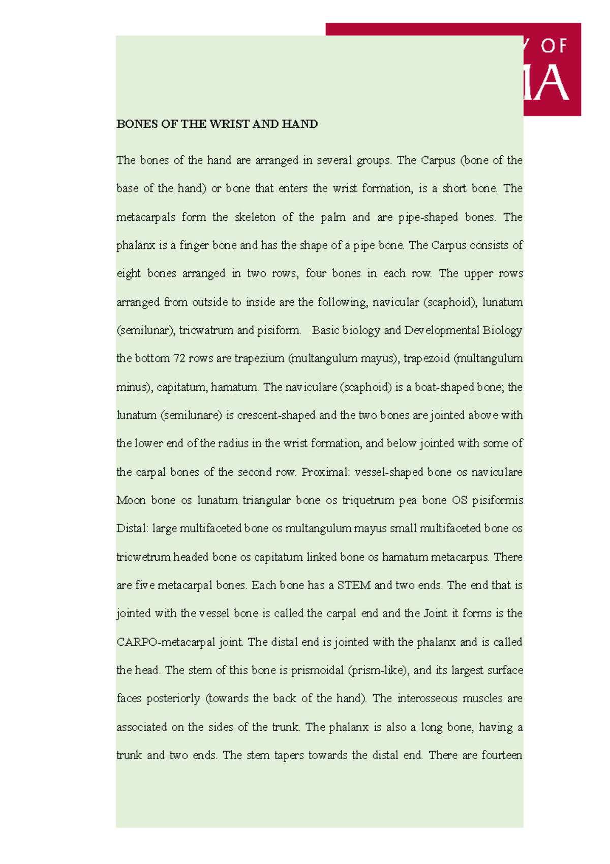Documents Biology - Bones OF THE Wrist AND HAND - BONES OF THE WRIST ...