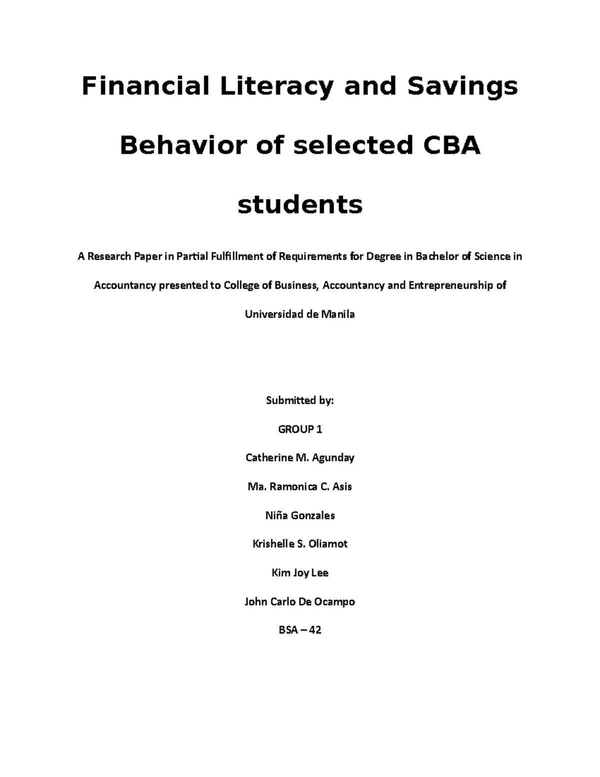 Financial Literacy and Savings Behavior of selected CBA students ...