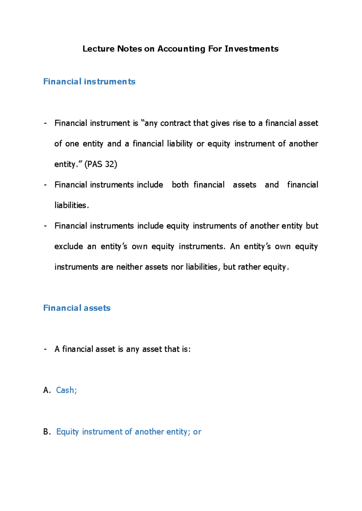 Lecture Notes On Accounting For Investments Lecture Notes On Accounting For Investments
