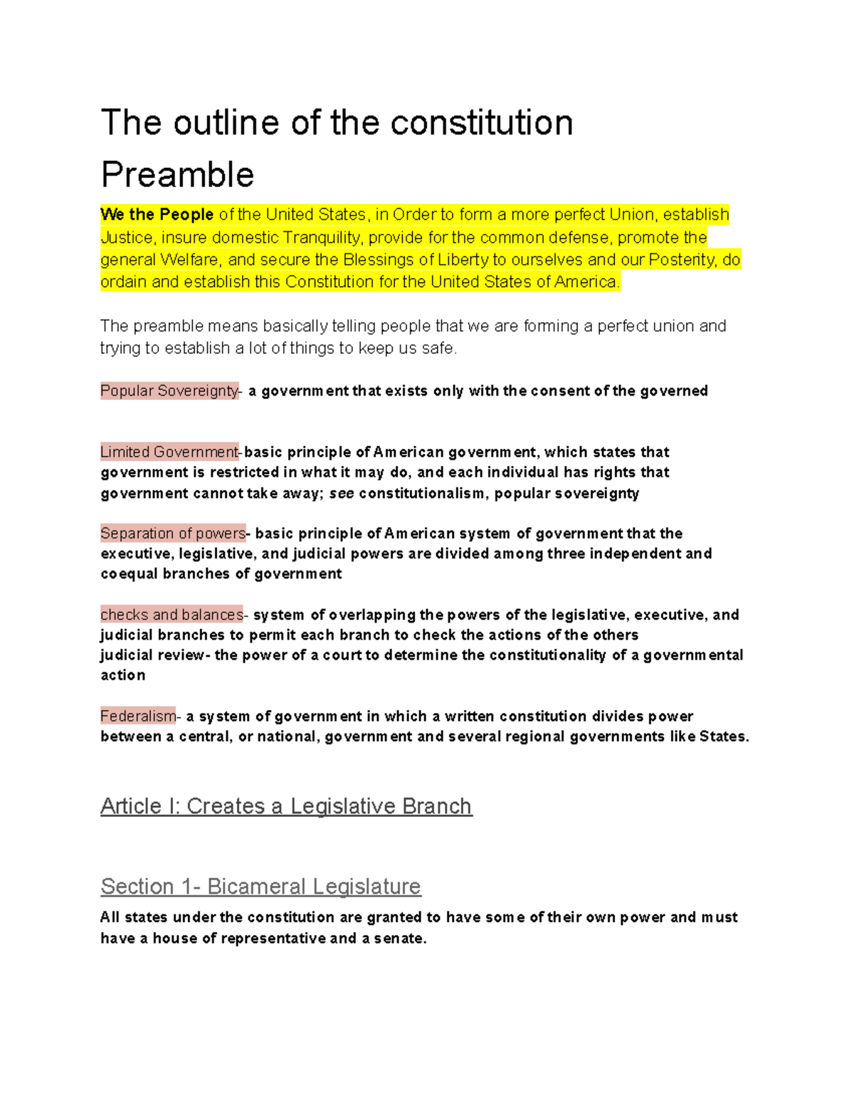 - Constitution Outline - The outline of the constitution Preamble We ...
