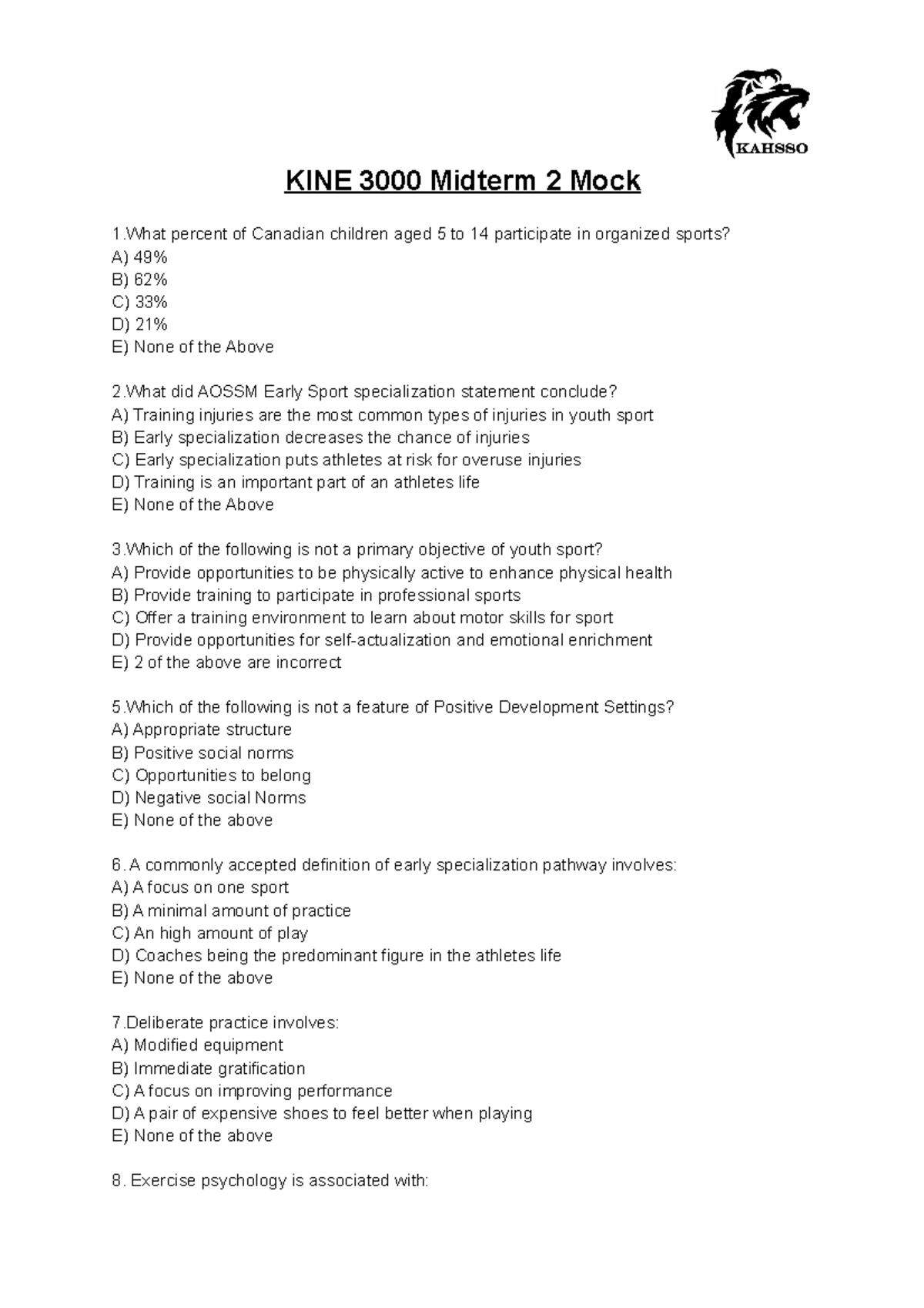 KINE 3000 Kahsso MOCK - JFT FB - KINE 3000 Midterm 2 Mock 1 percent of Canadian children aged 5 ...