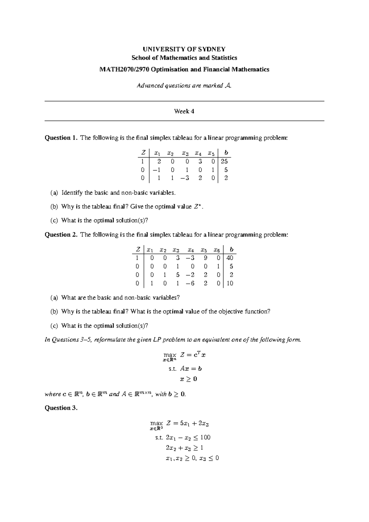 Tutorial week4 - tut4 - UNIVERSITY OF SYDNEY School of Mathematics and ...