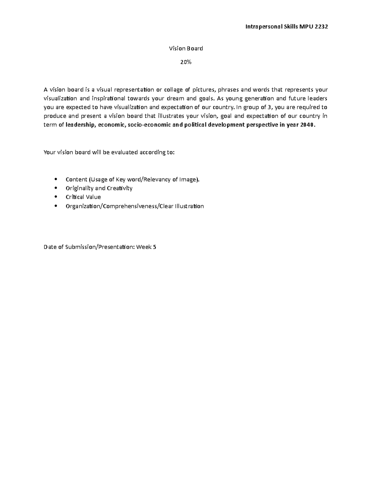 Vision Board Assessment Brief Jan 2021 - Vision Board 20% A vision ...