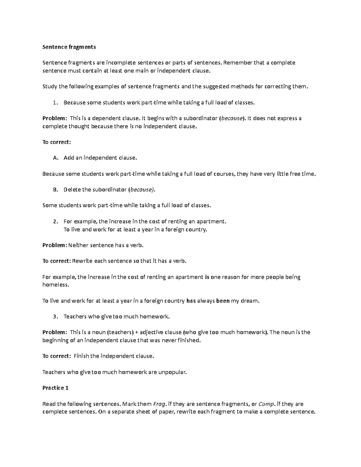 Sentence Fragments: Examples and Corrections - Studocu