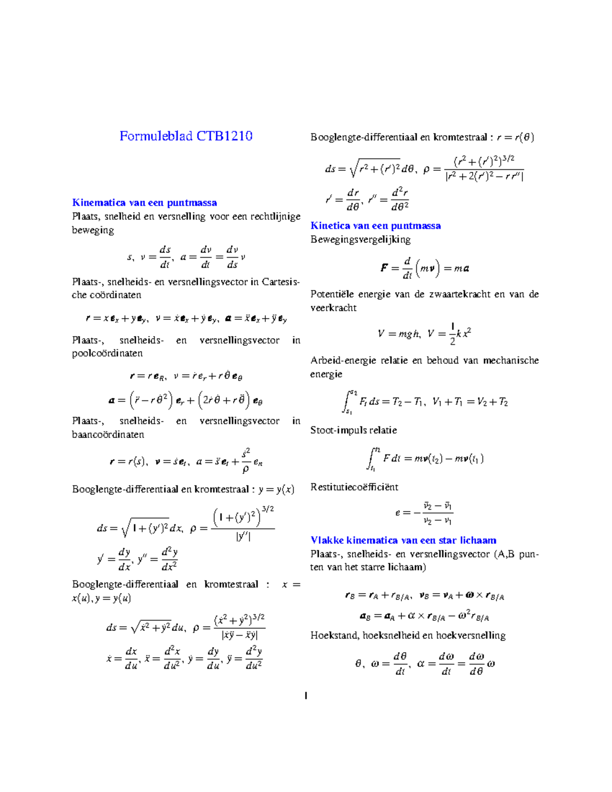 CTB1210 formules - hbhbih - Formuleblad CTB Kinematica van een ...