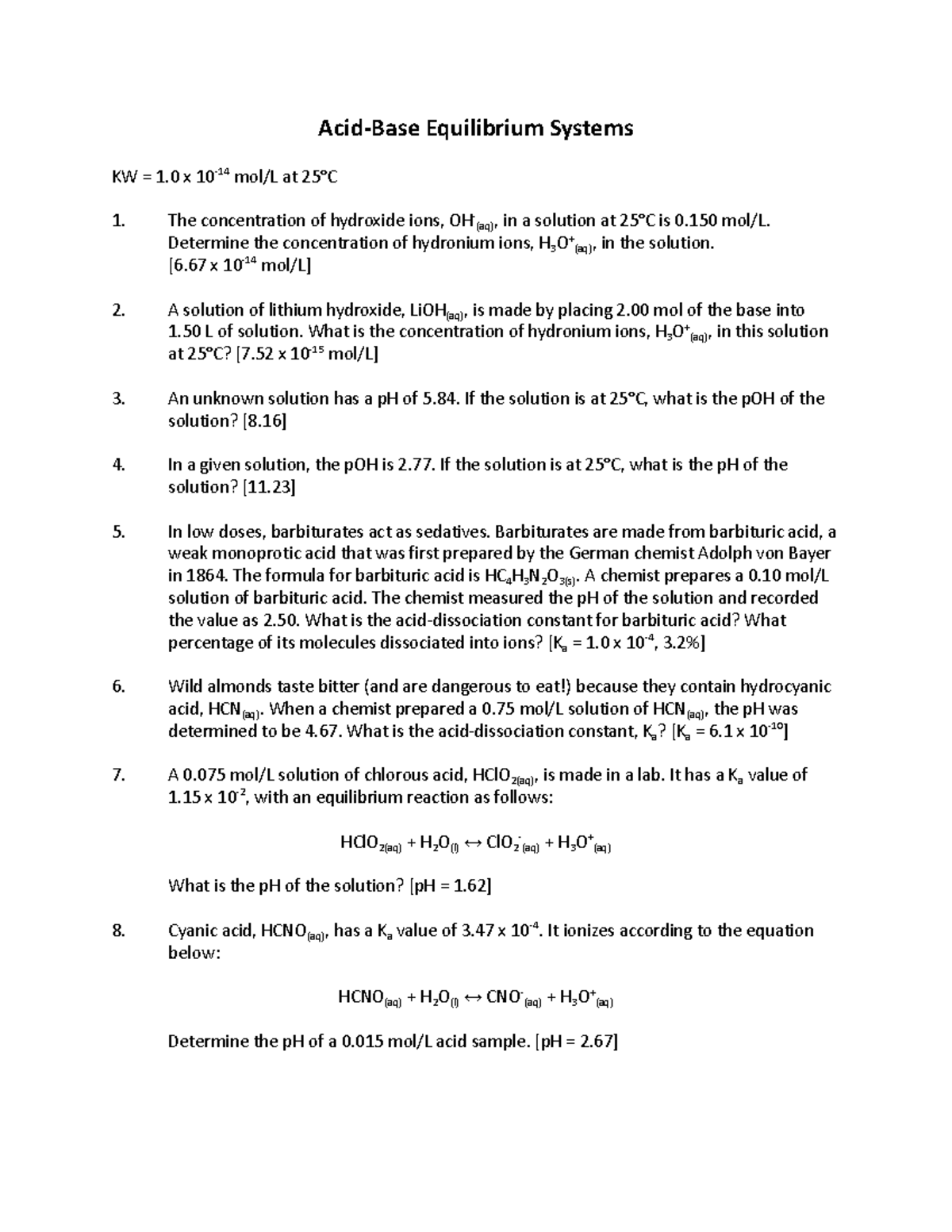 1 Acid-Base Equilibrium Worksheet - Acid-Base Equilibrium Systems KW ...