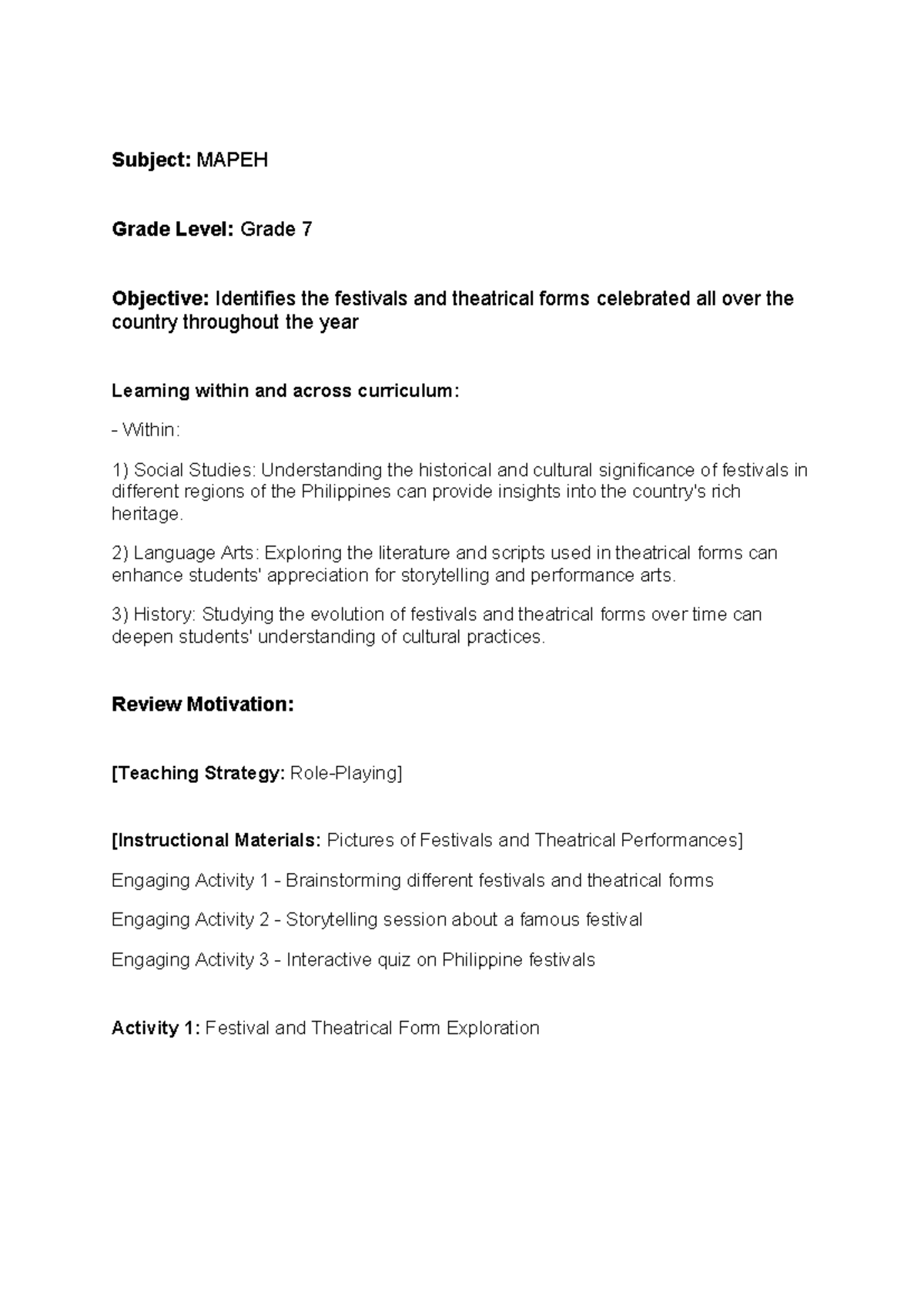 Delatiled Lesson plan ing grade 7 MAPEH about festivals and theatrical ...