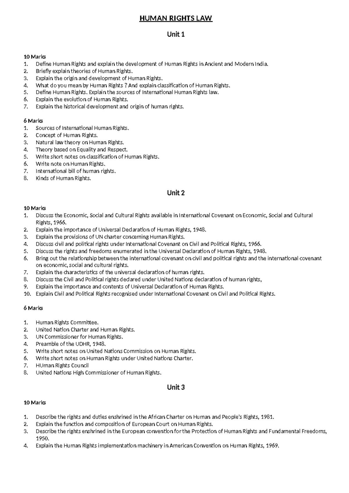 Human Rights - Imp Questions - HUMAN RIGHTS LAW Unit 1 10 Marks 1 ...