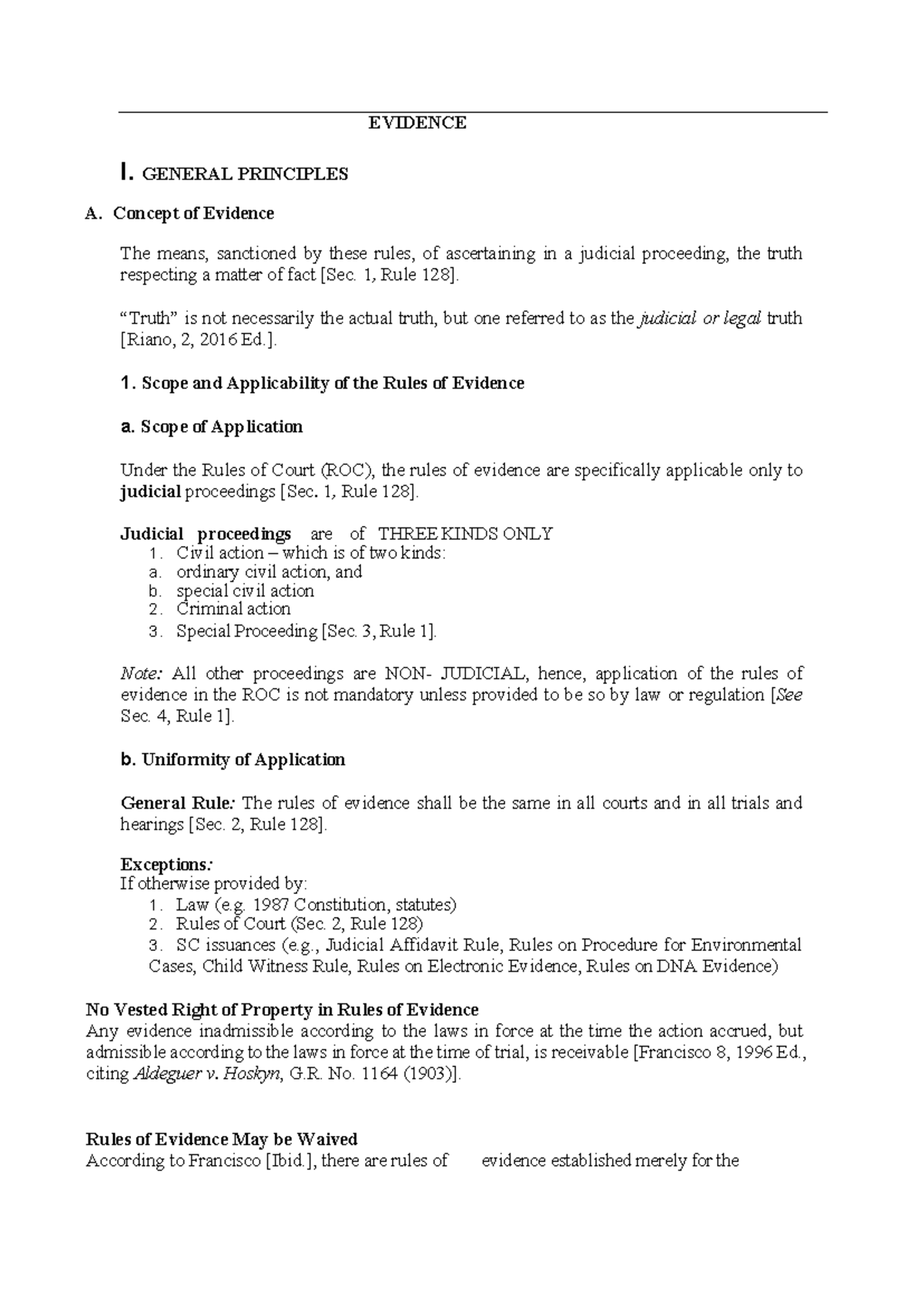 Evidence 1 - Knowledge - EVIDENCE I. GENERAL PRINCIPLES A. Concept of ...