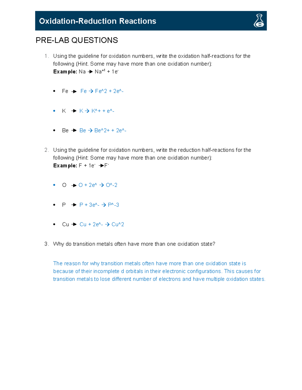 Oxidation Reduction Reactions E Science Lab - Oxidation-Reduction ...