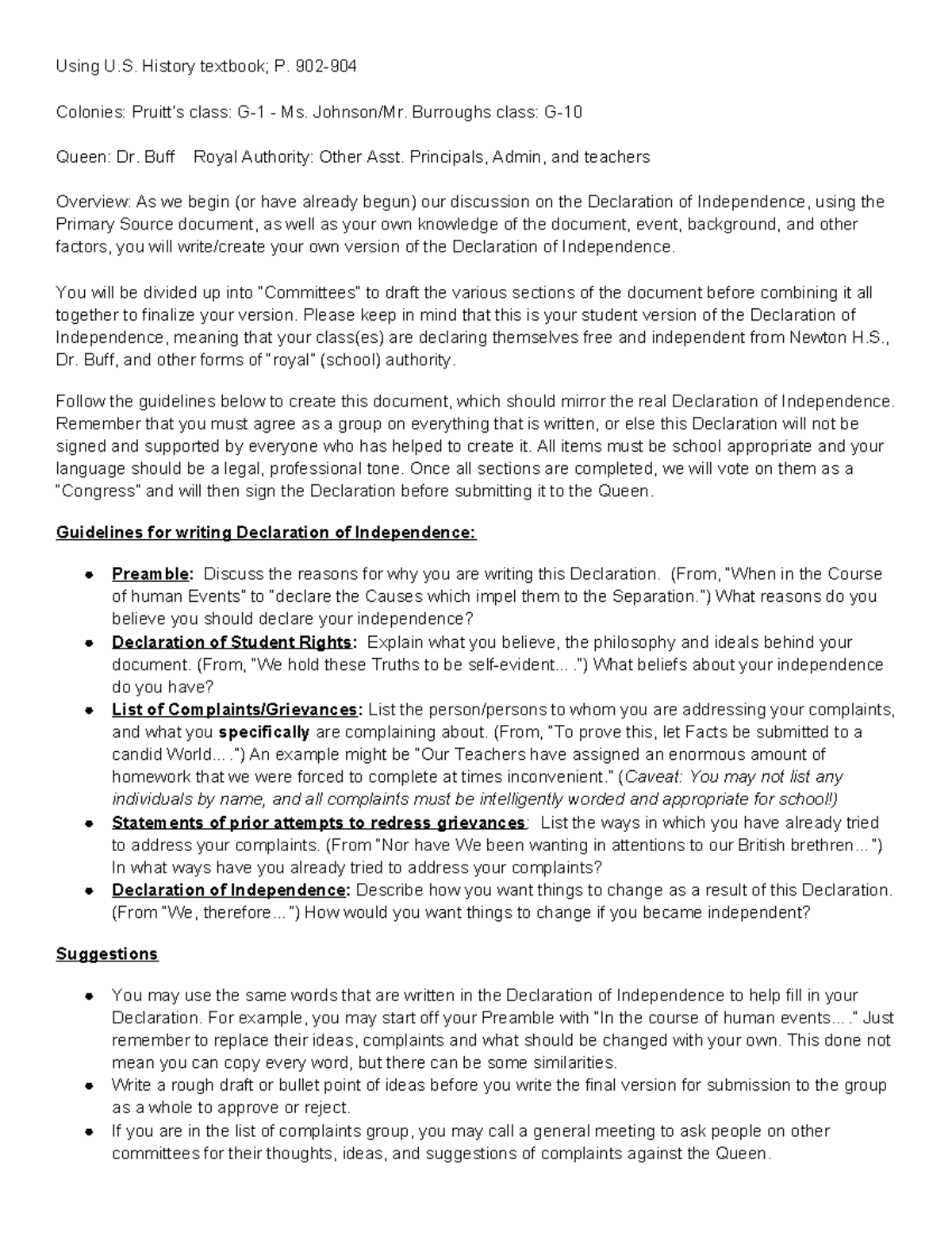 Declaration of Independence Lunch Activity - Using U. History textbook ...