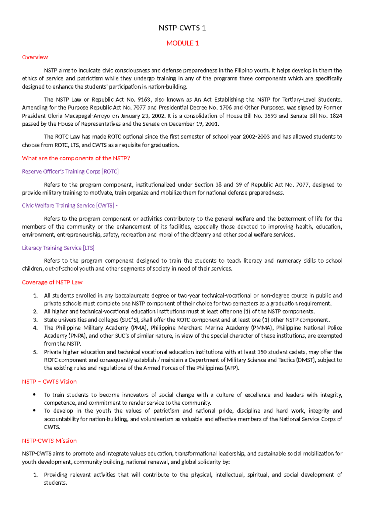 NSTP - my notes for midterms - NSTP-CWTS 1 MODULE 1 Overview NSTP aims ...